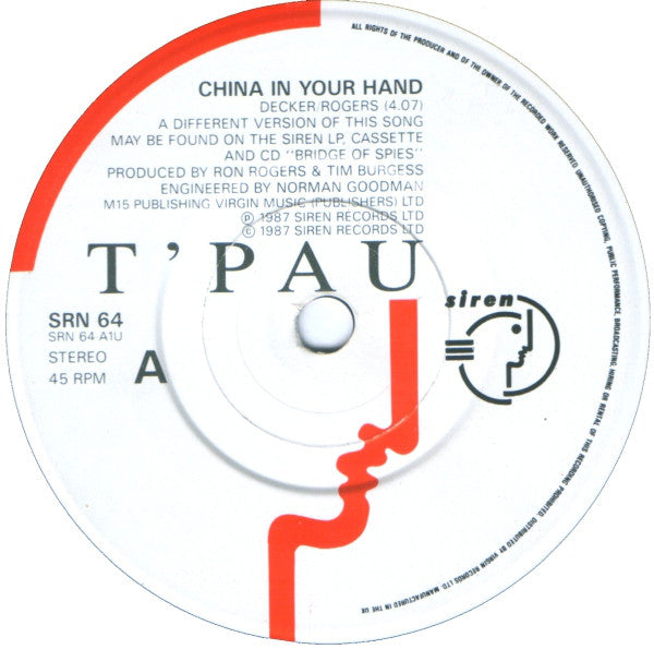 Buy T'Pau : China In Your Hand (7", Single, Aru) online for the lowest price at Strummer Room ...